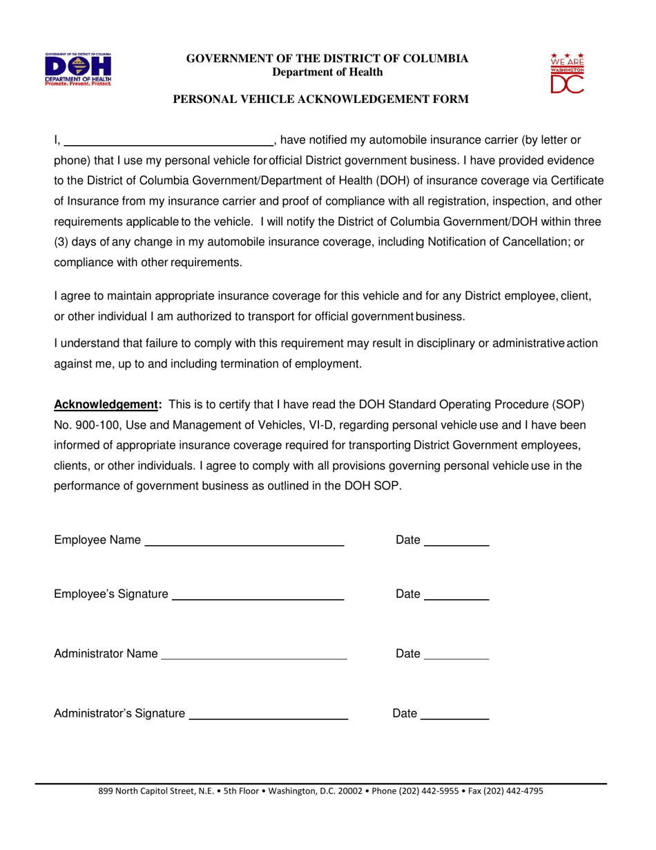 Washington, D.C. Personal Vehicle Acknowledgement Form - Fill Out, Sign ...