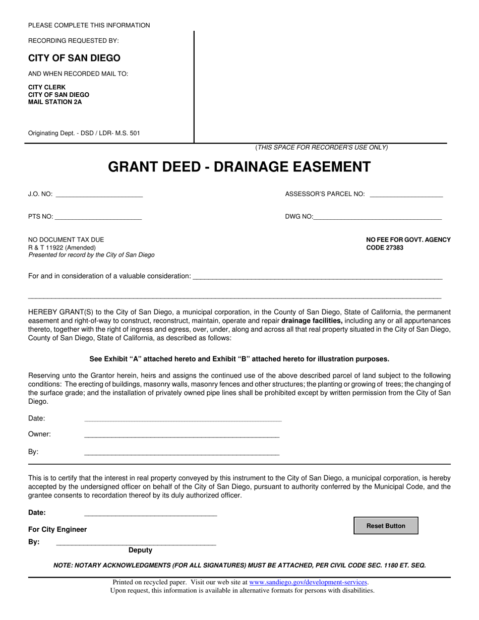 City of San Diego, California Grant Deed - Drainage Easement - Fill Out ...