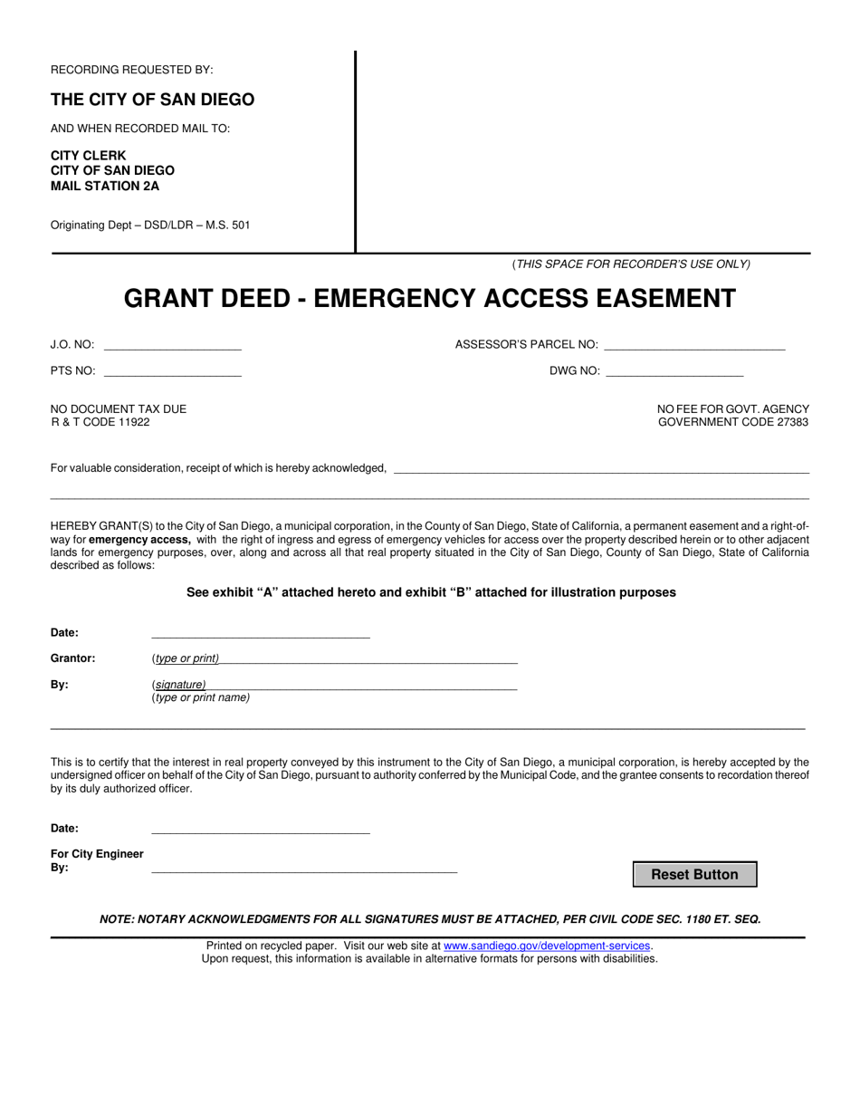 City of San Diego, California Grant Deed - Emergency Access Easement ...