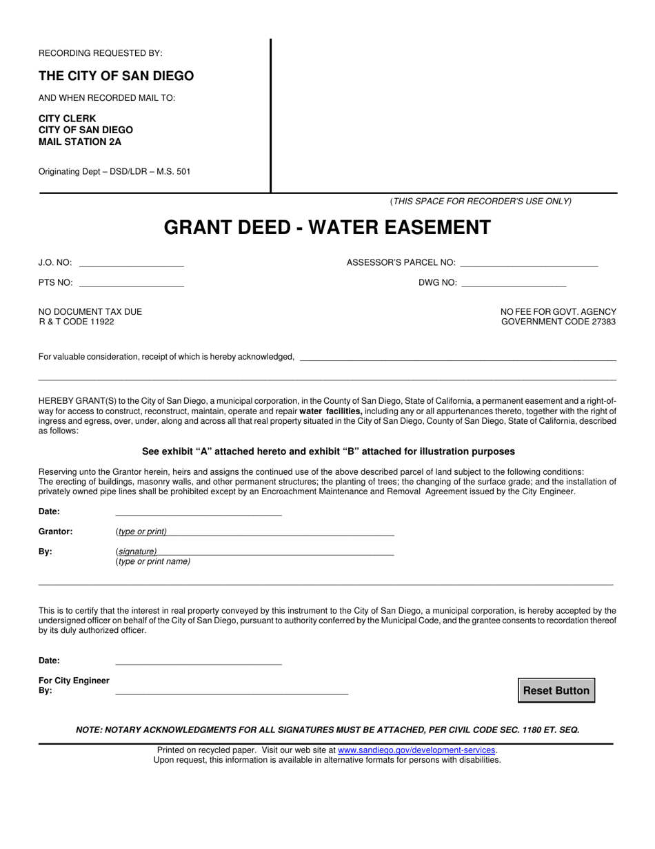 City of San Diego, California Grant Deed - Water Easement - Fill Out ...
