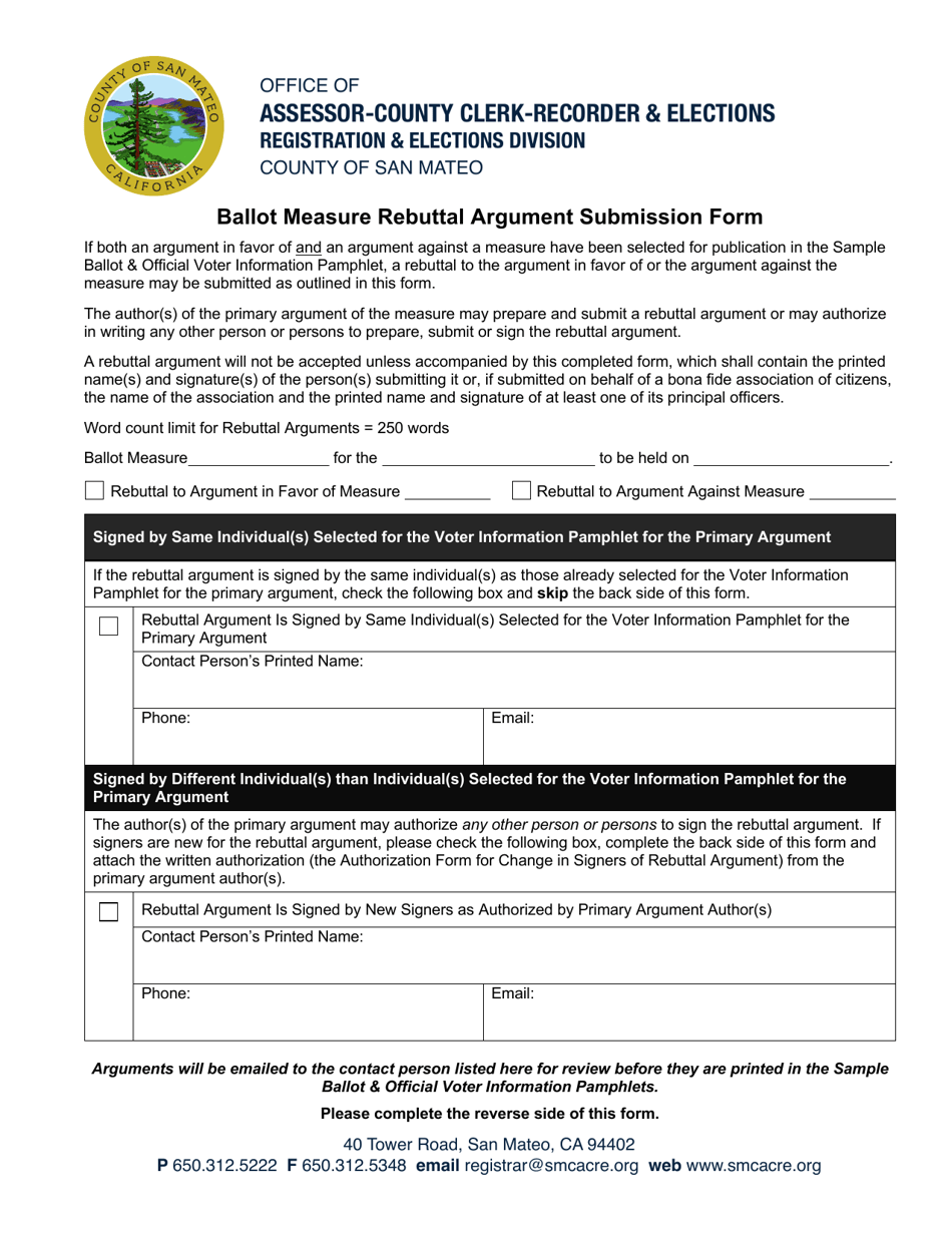 County of San Mateo, California Ballot Measure Rebuttal Argument Submission Form - Fill Out ...