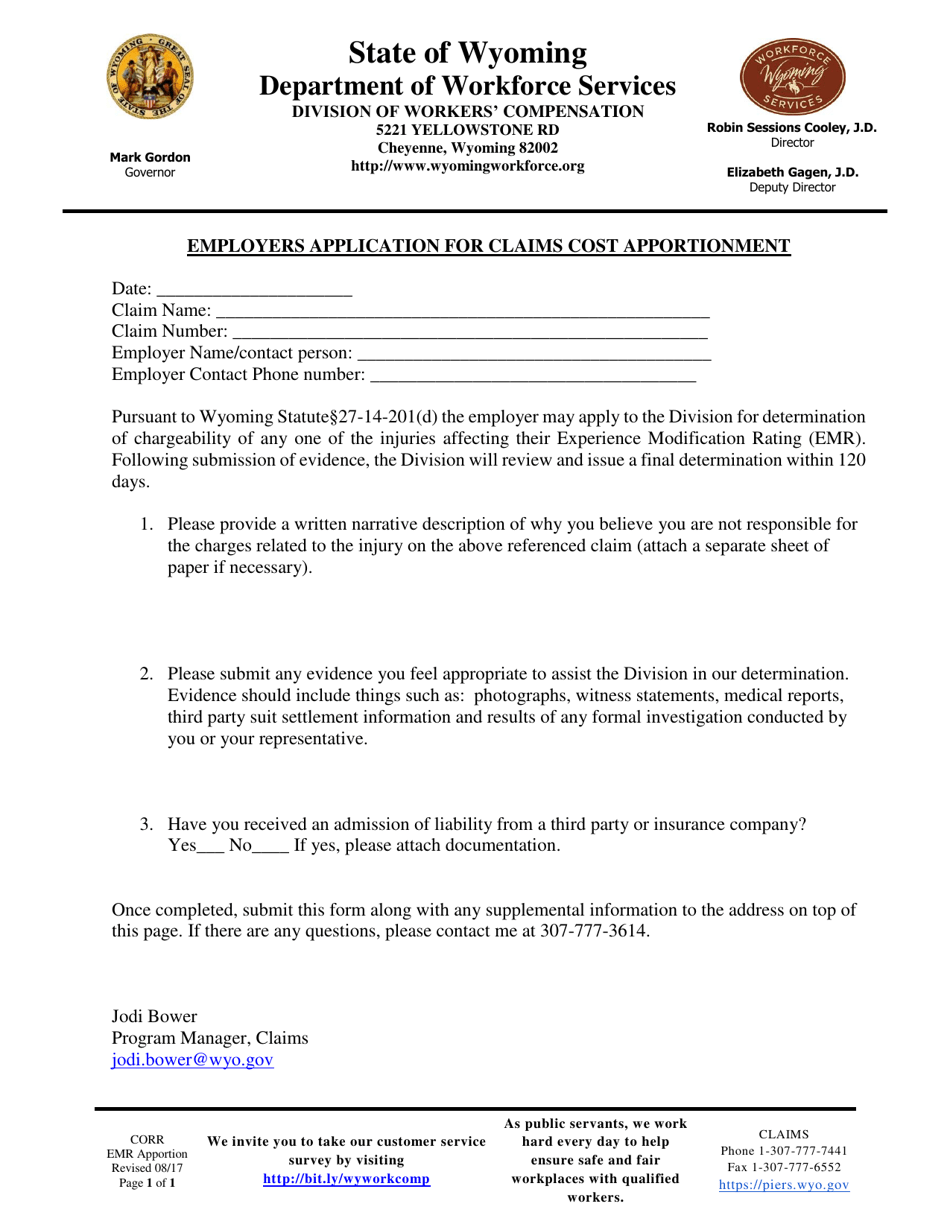 Wyoming Employers Application for Claims Cost Apportionment - Fill Out ...