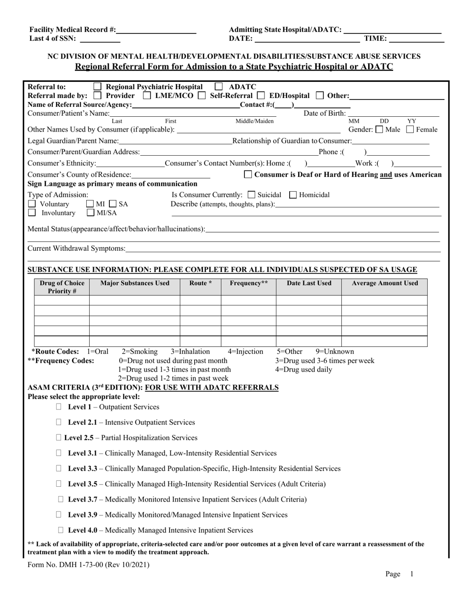 Form DMH1-73-00 Download Printable PDF or Fill Online Regional Referral ...