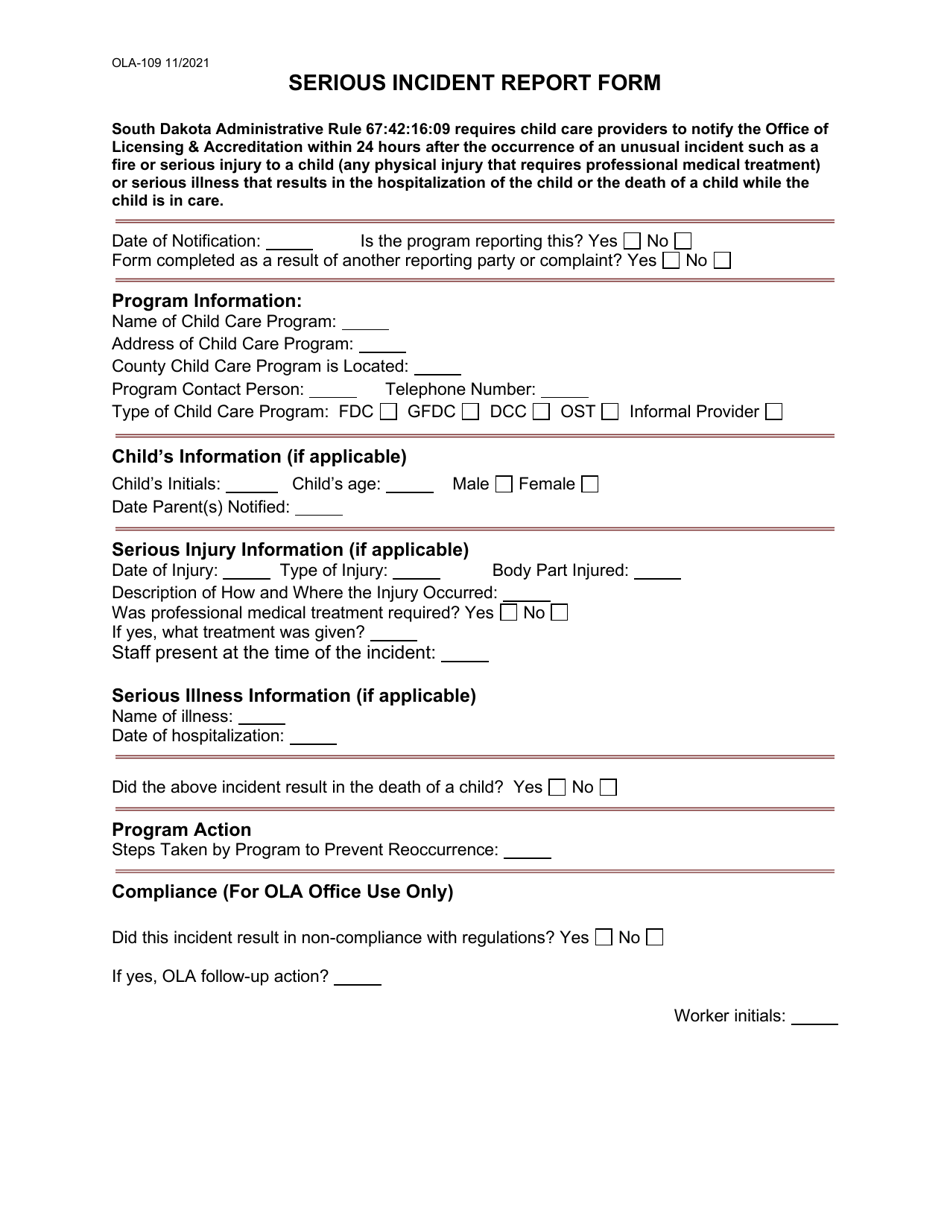 Form OLA-109 Download Printable PDF or Fill Online Serious Incident ...