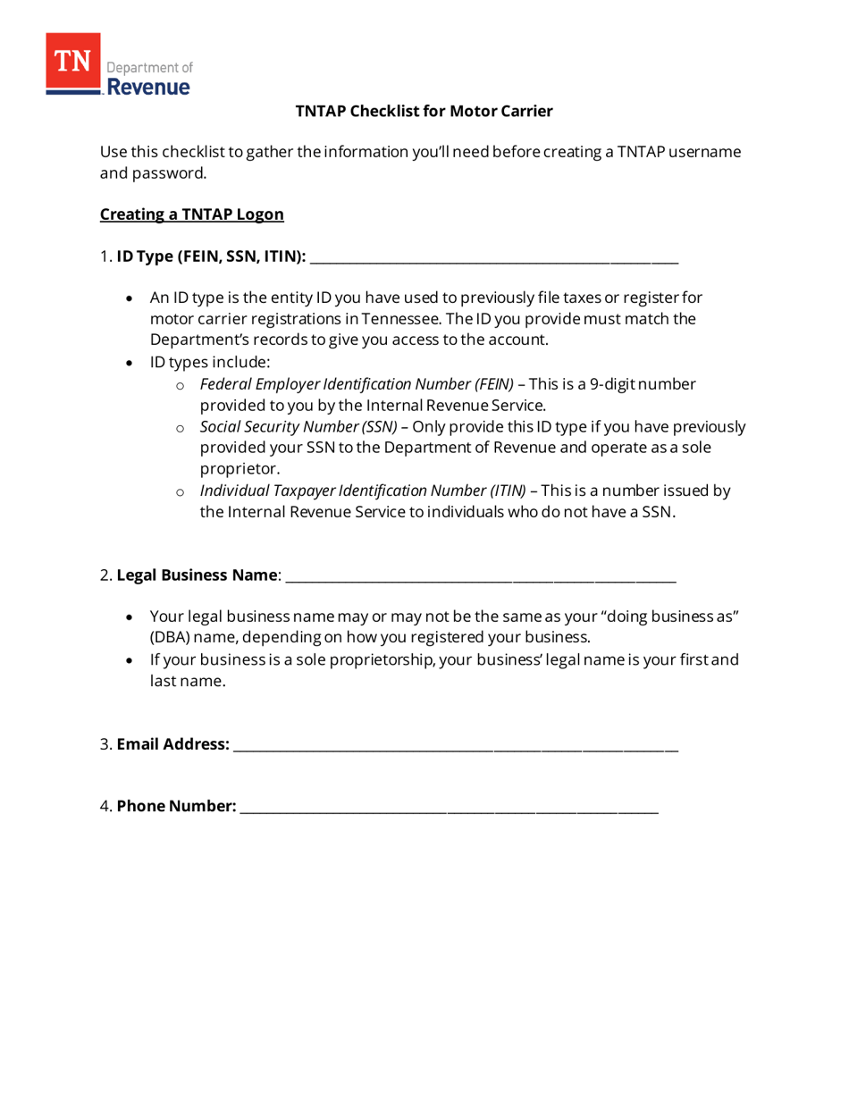 Tennessee Tntap Checklist for Motor Carrier - Fill Out, Sign Online and ...