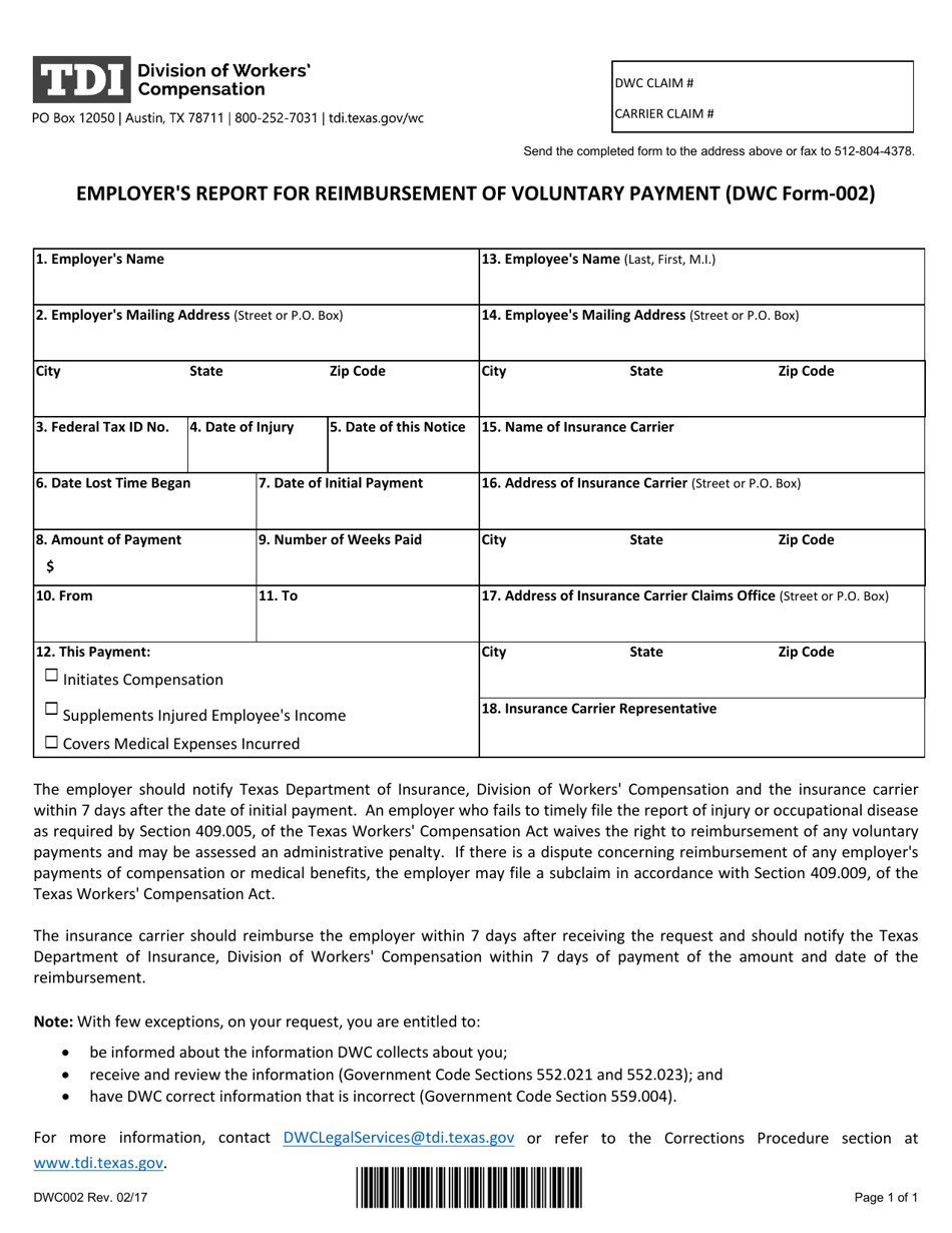 Form DWC002 - Fill Out, Sign Online and Download Fillable PDF, Texas ...