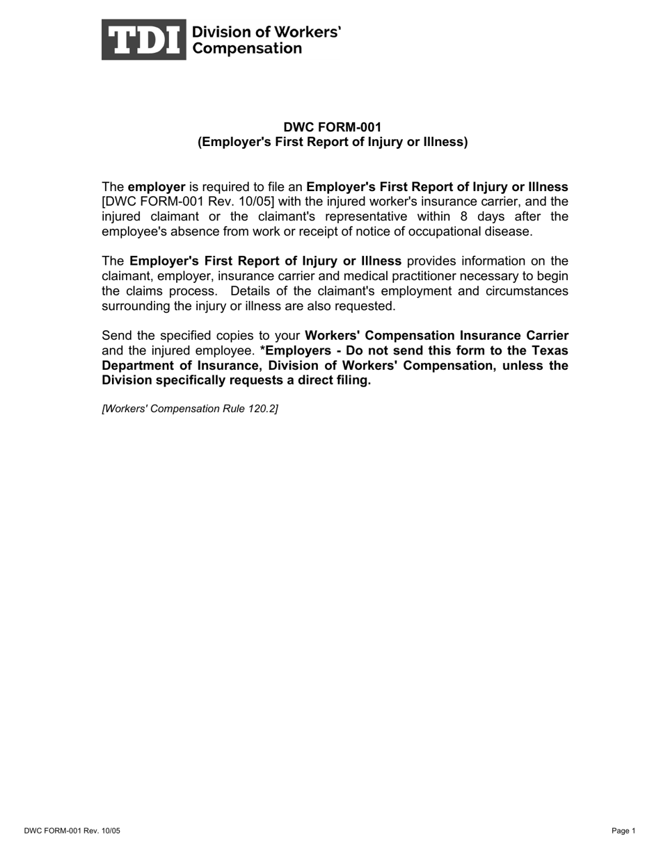 DWC Form 001 - Fill Out, Sign Online and Download Fillable PDF, Texas ...