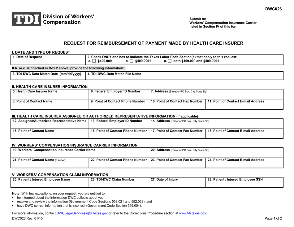 Form DWC026 - Fill Out, Sign Online and Download Fillable PDF, Texas ...