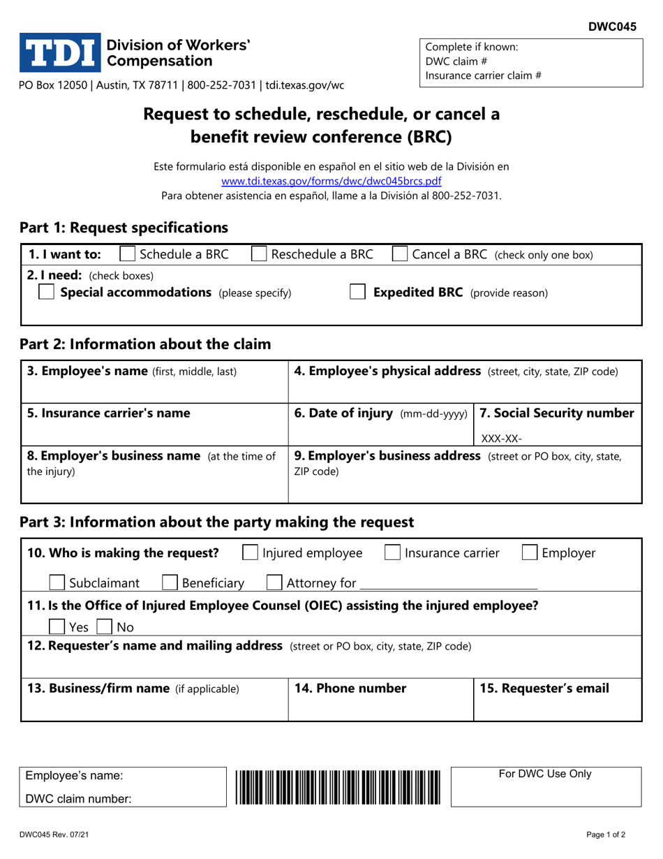 Form DWC045 - Fill Out, Sign Online and Download Fillable PDF, Texas ...