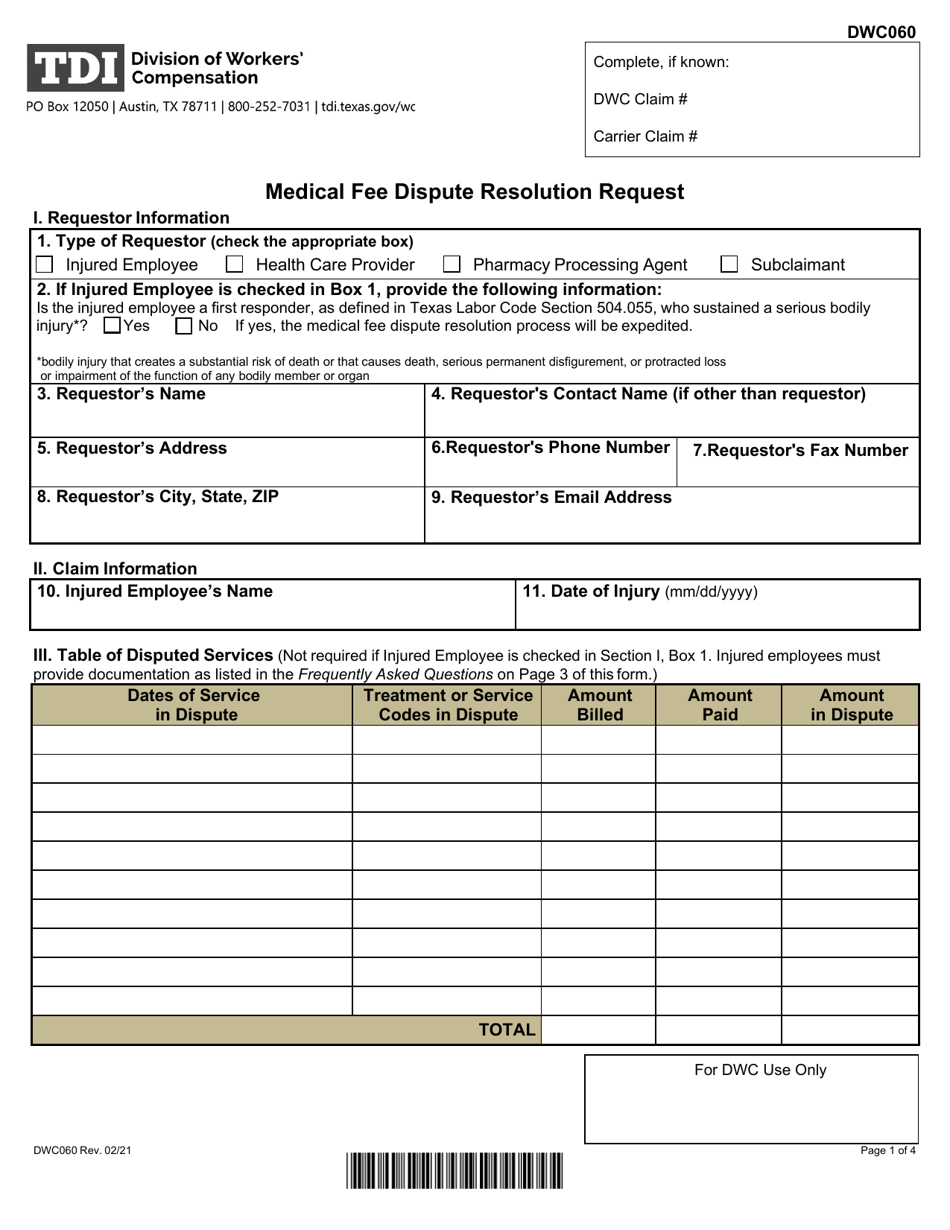 Form DWC060 - Fill Out, Sign Online and Download Fillable PDF, Texas ...