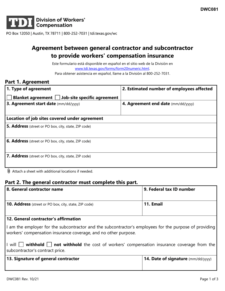 Form DWC081 - Fill Out, Sign Online and Download Fillable PDF, Texas ...