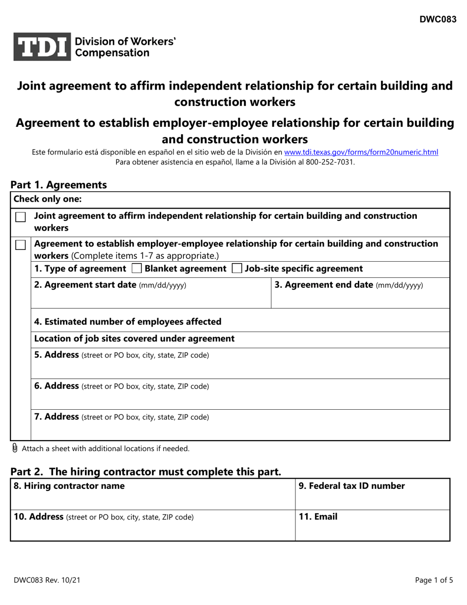 Form DWC083 - Fill Out, Sign Online and Download Fillable PDF, Texas ...