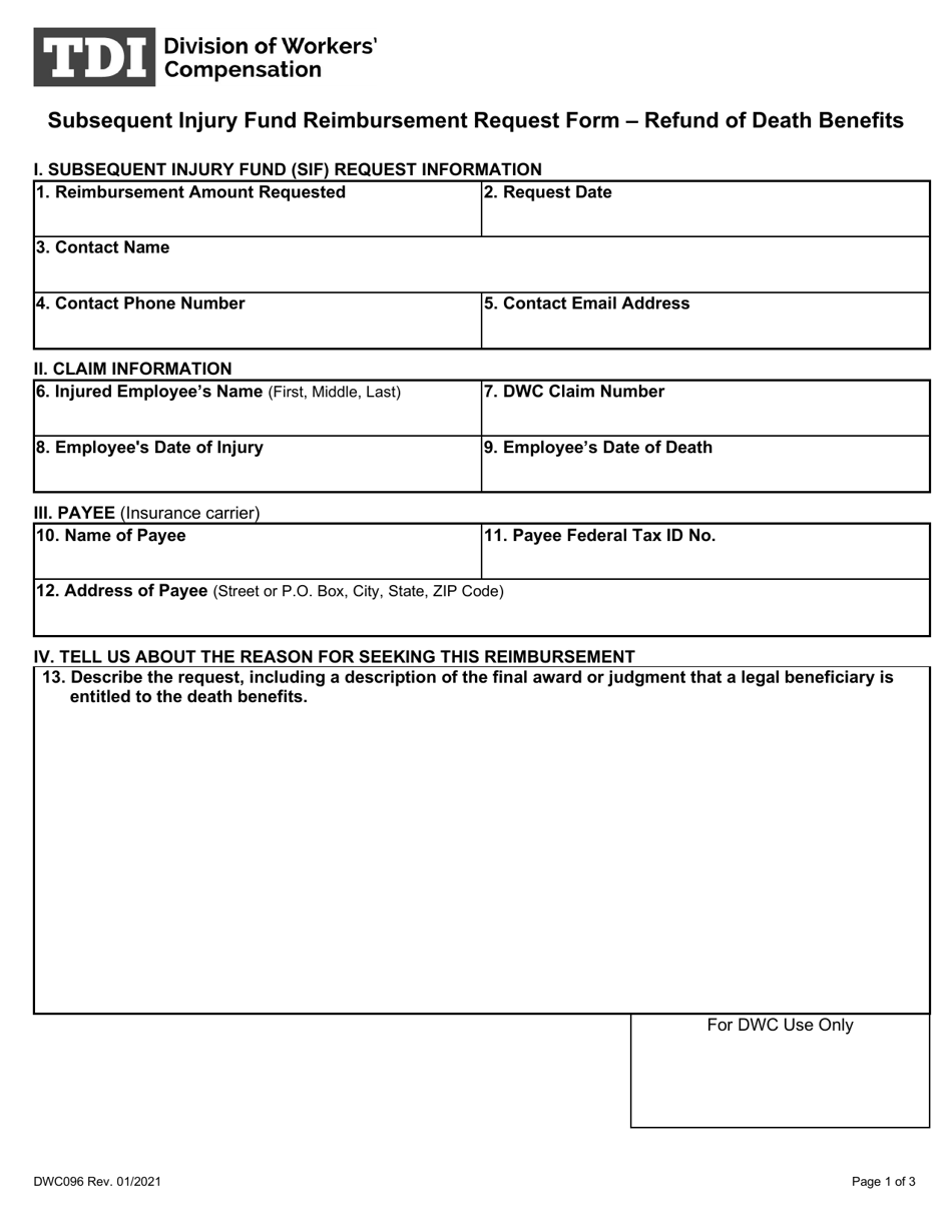 Form DWC096 Download Fillable PDF or Fill Online Subsequent Injury Fund Reimbursement Request ...