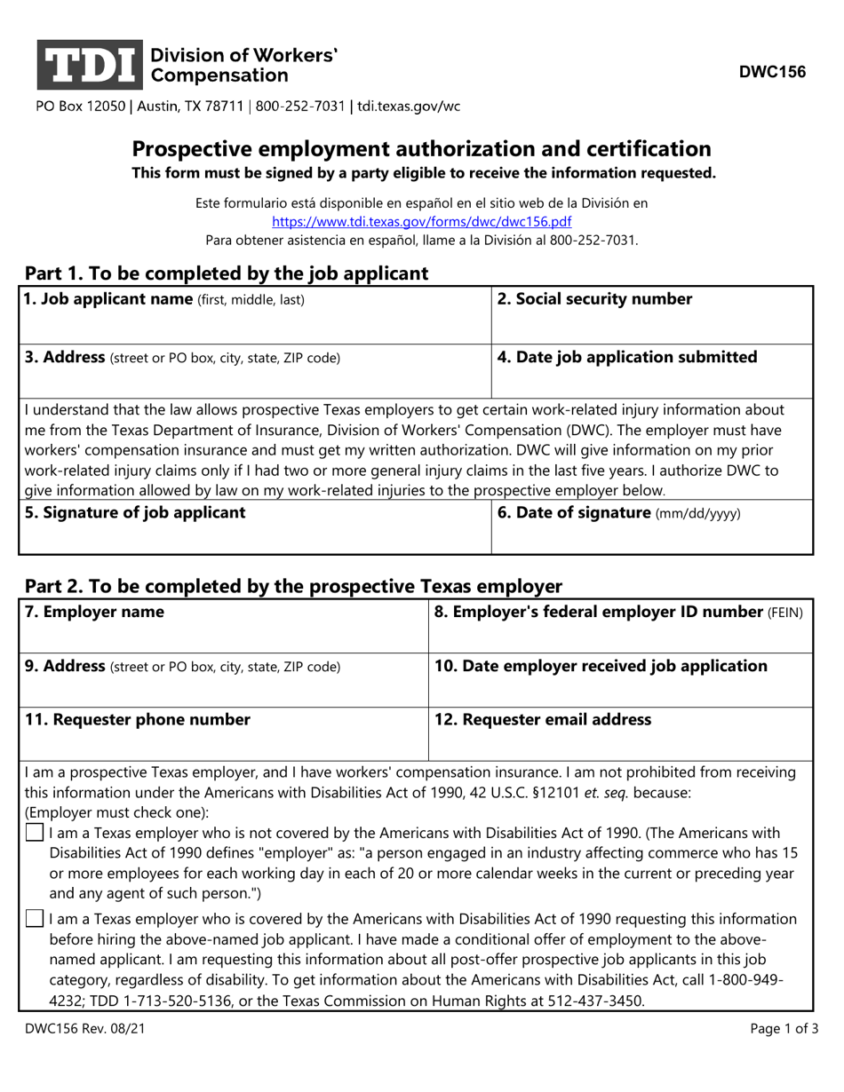 Form DWC156 - Fill Out, Sign Online and Download Fillable PDF, Texas ...
