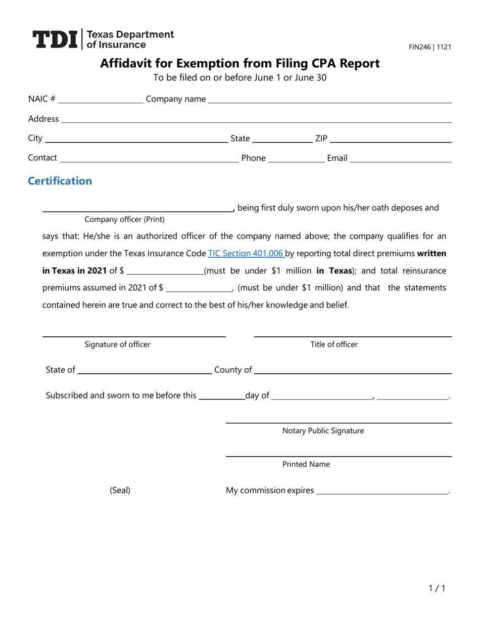 Form FIN246 Download Fillable PDF or Fill Online Affidavit for ...