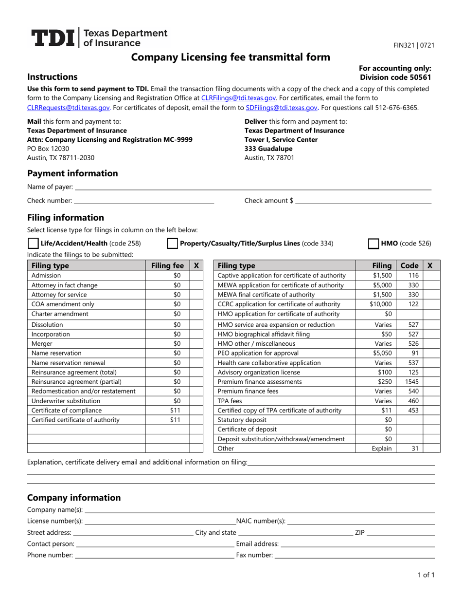 Form FIN321 Download Fillable PDF or Fill Online Company Licensing Fee ...