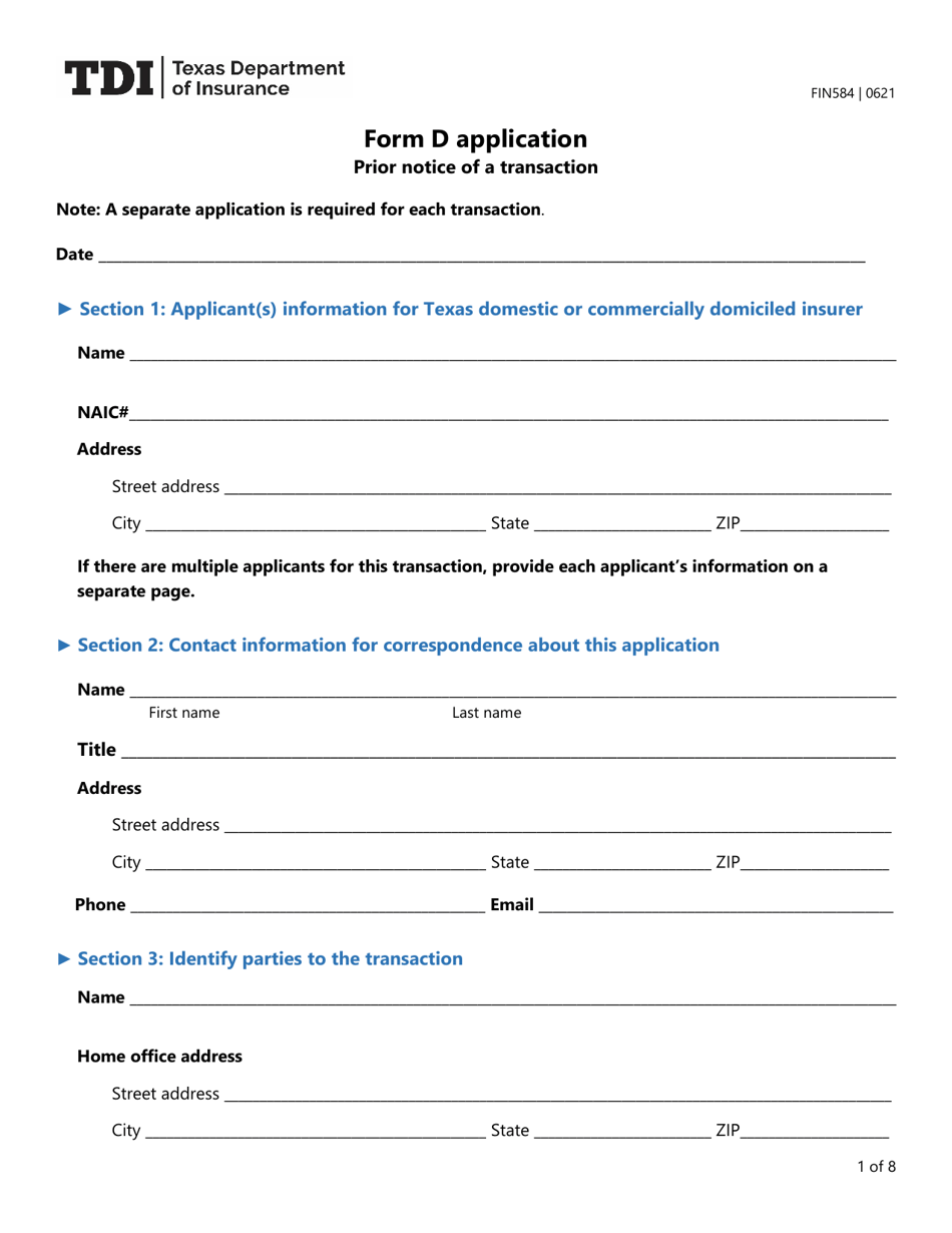 Form D (FIN584) - Fill Out, Sign Online and Download Fillable PDF ...