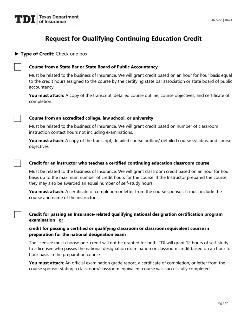 Form FIN522 Download Fillable PDF or Fill Online Request for Qualifying Continuing Education ...