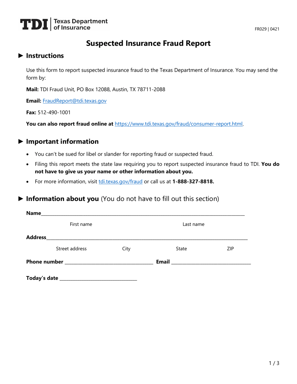 Form FR029 Download Fillable PDF or Fill Online Suspected Insurance ...
