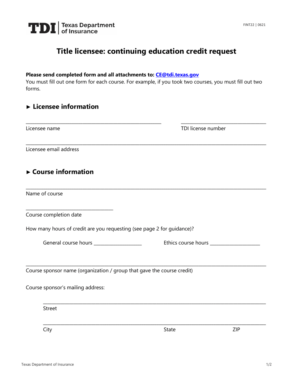 Form FINT22 Download Fillable PDF or Fill Online Title Licensee: Continuing Education Credit ...