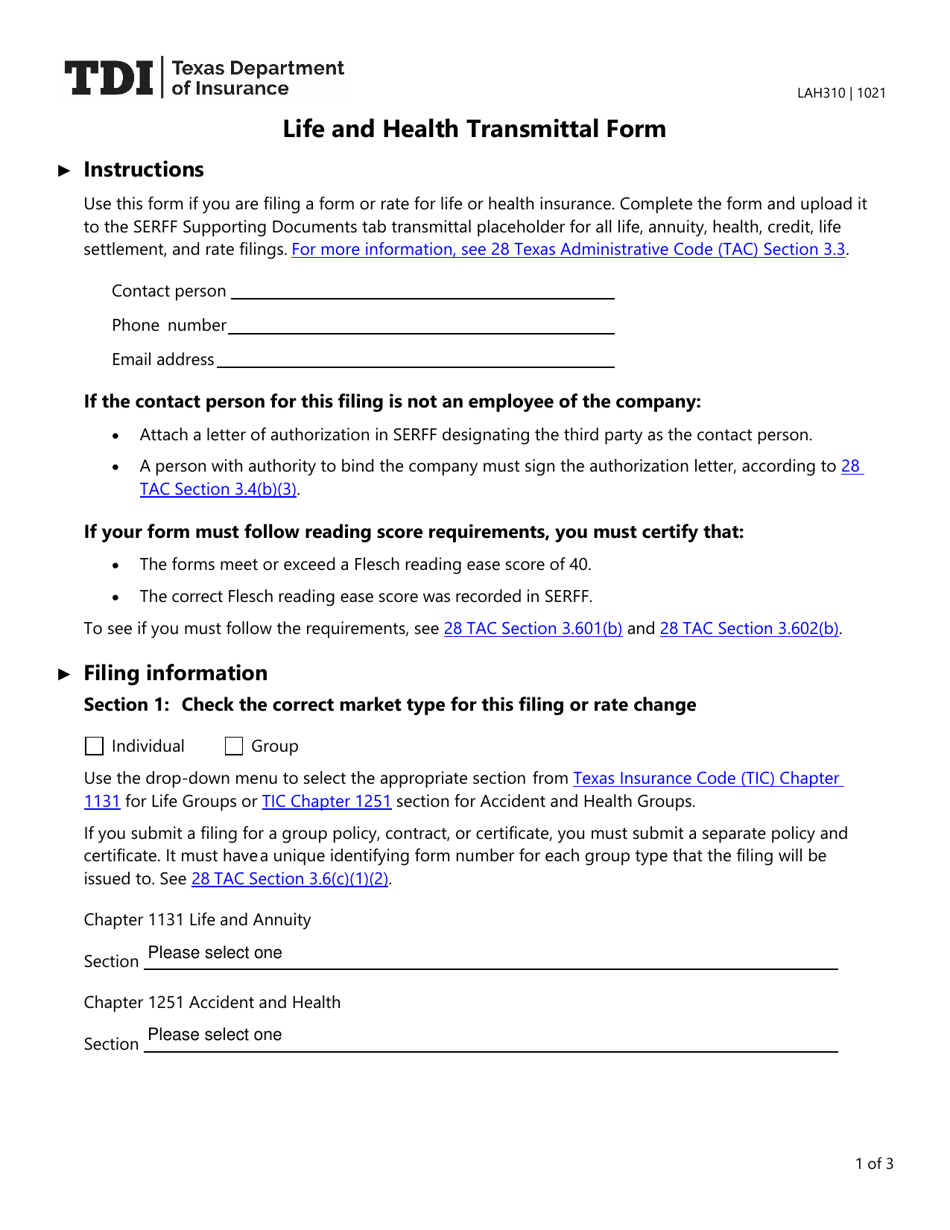 Form LAH310 - Fill Out, Sign Online and Download Fillable PDF, Texas ...