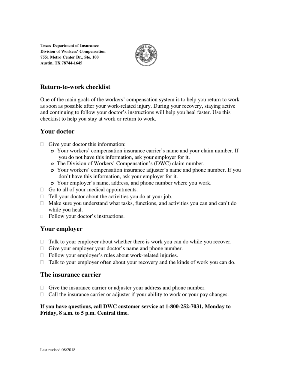 Texas Return-To-Work Checklist - Fill Out, Sign Online and Download PDF ...