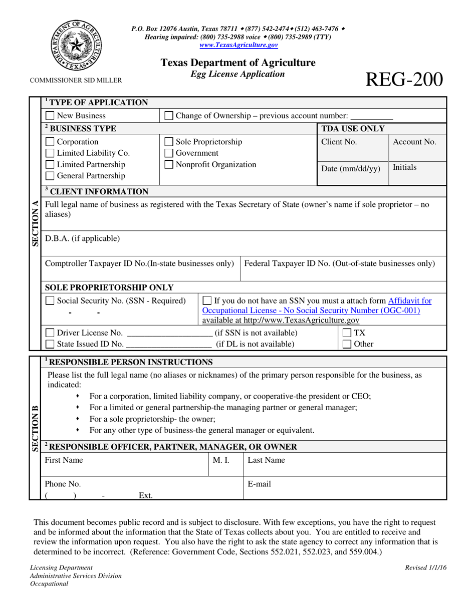 Form REG-200 - Fill Out, Sign Online and Download Printable PDF, Texas ...