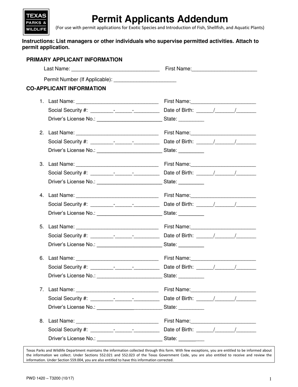 Form PWD1420 - Fill Out, Sign Online and Download Fillable PDF, Texas ...