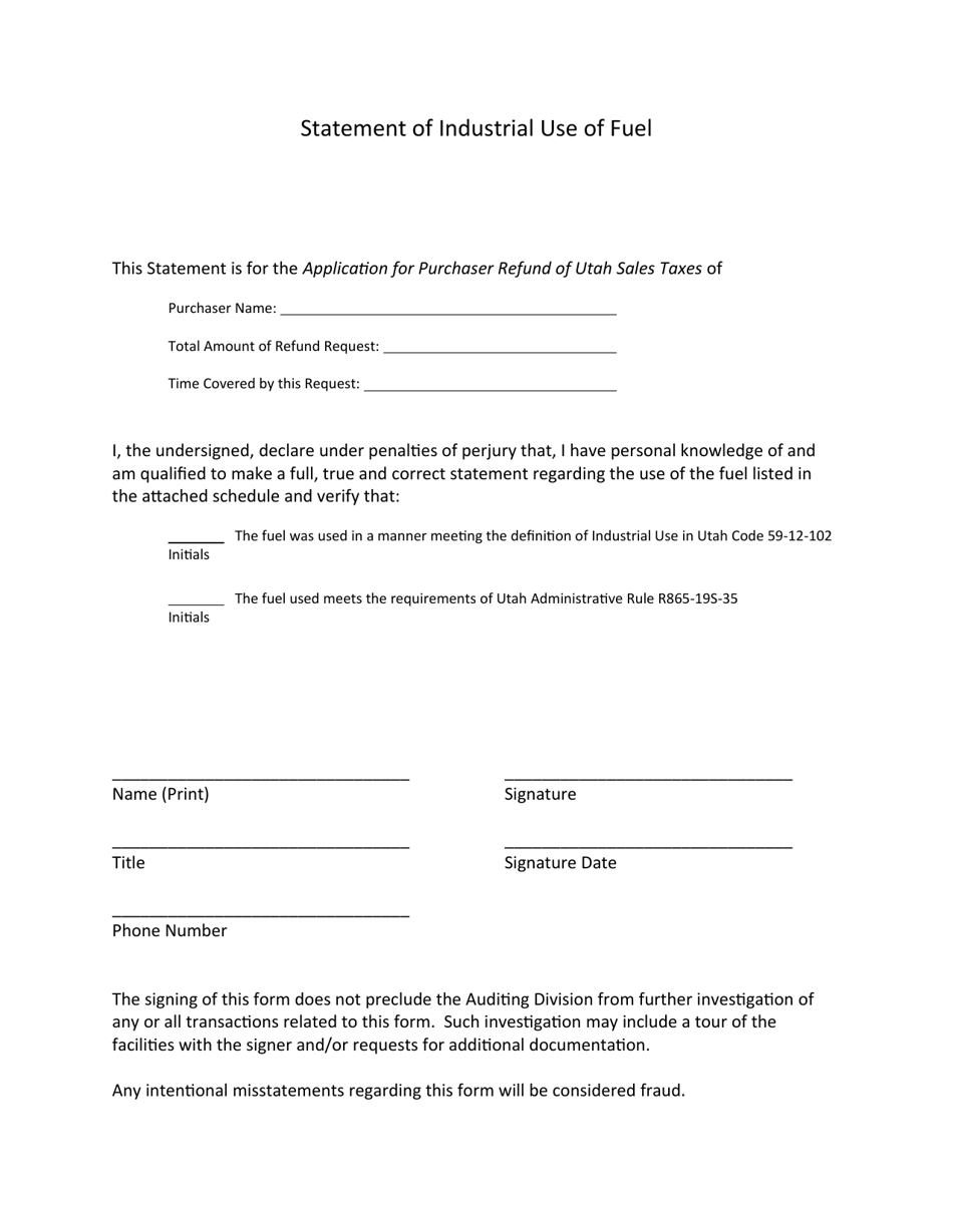 Utah Statement of Industrial Use of Fuel - Fill Out, Sign Online and ...