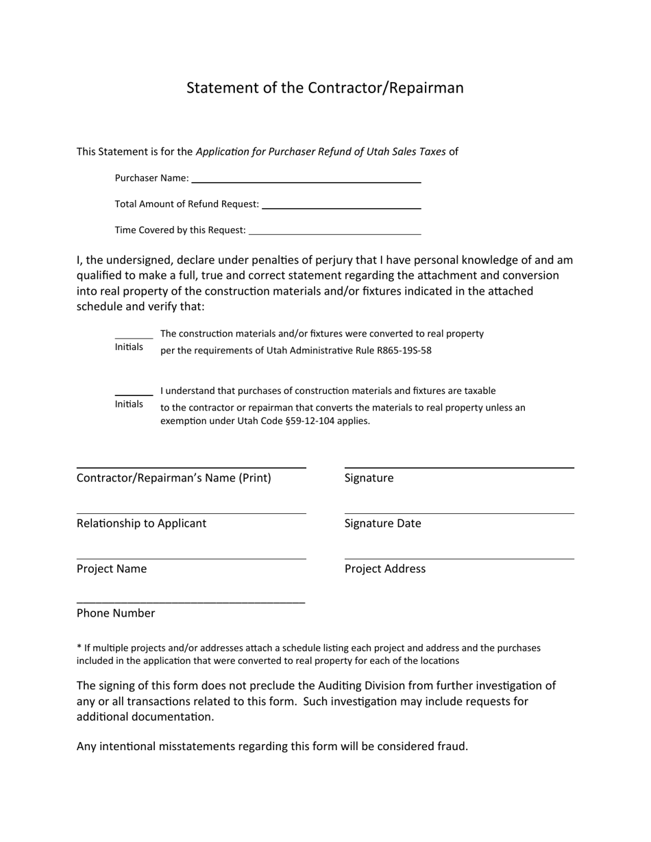 Utah Statement of the Contractor/Repairman - Fill Out, Sign Online and ...