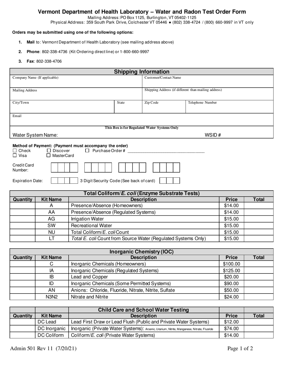 Vermont Water and Radon Test Order Form - Fill Out, Sign Online and ...