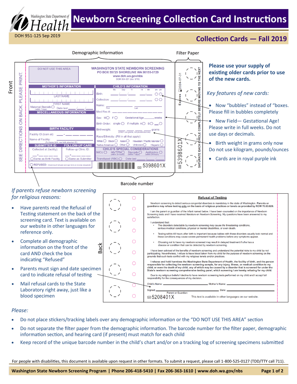 Download Instructions for DOH Form 951-125 Newborn Screening Collection ...