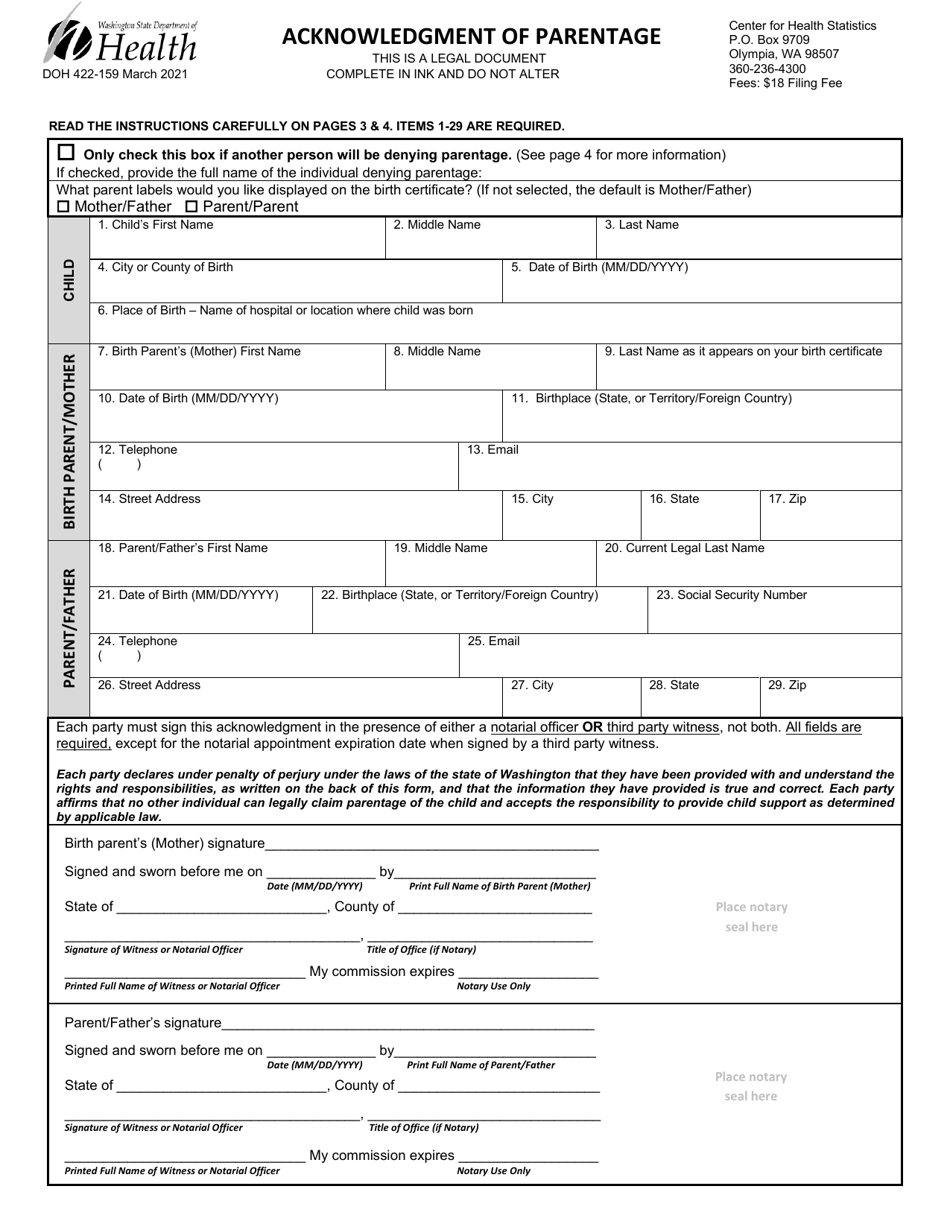 DOH Form 422-159 Download Printable PDF or Fill Online Acknowledgment ...