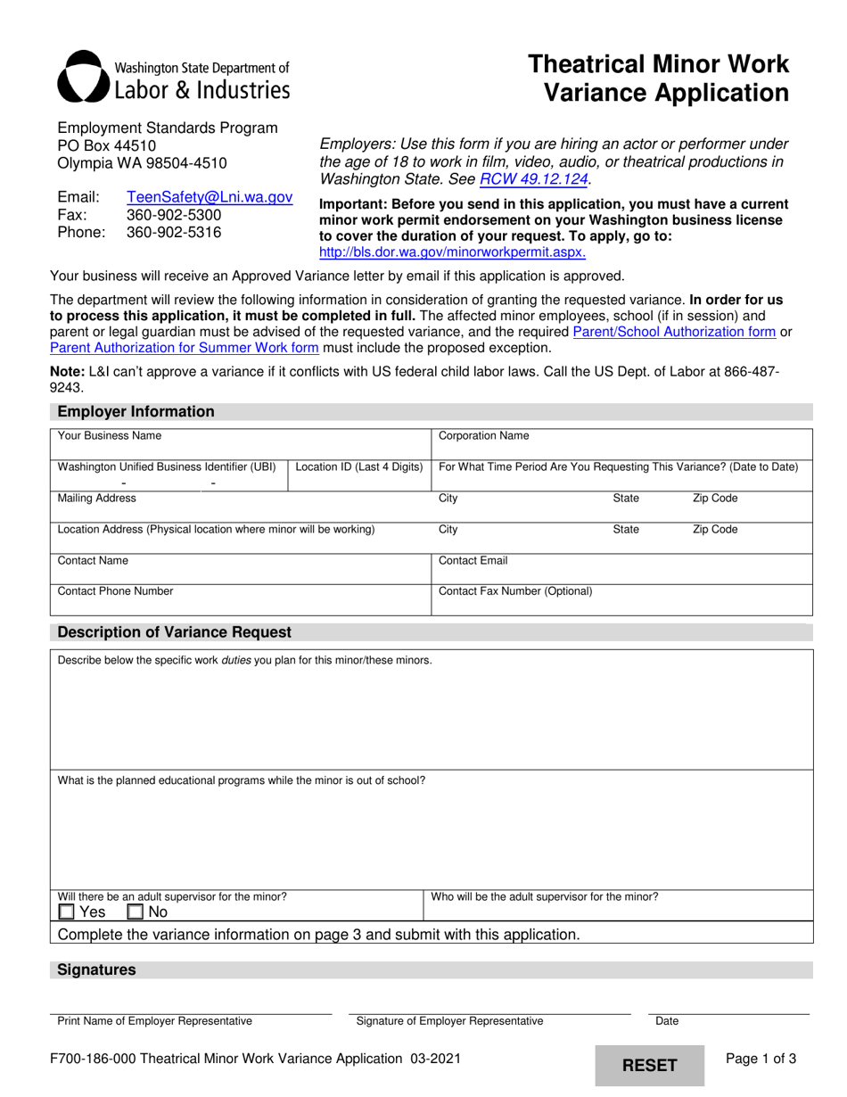 Form F700-186-000 Download Fillable PDF or Fill Online Variance ...