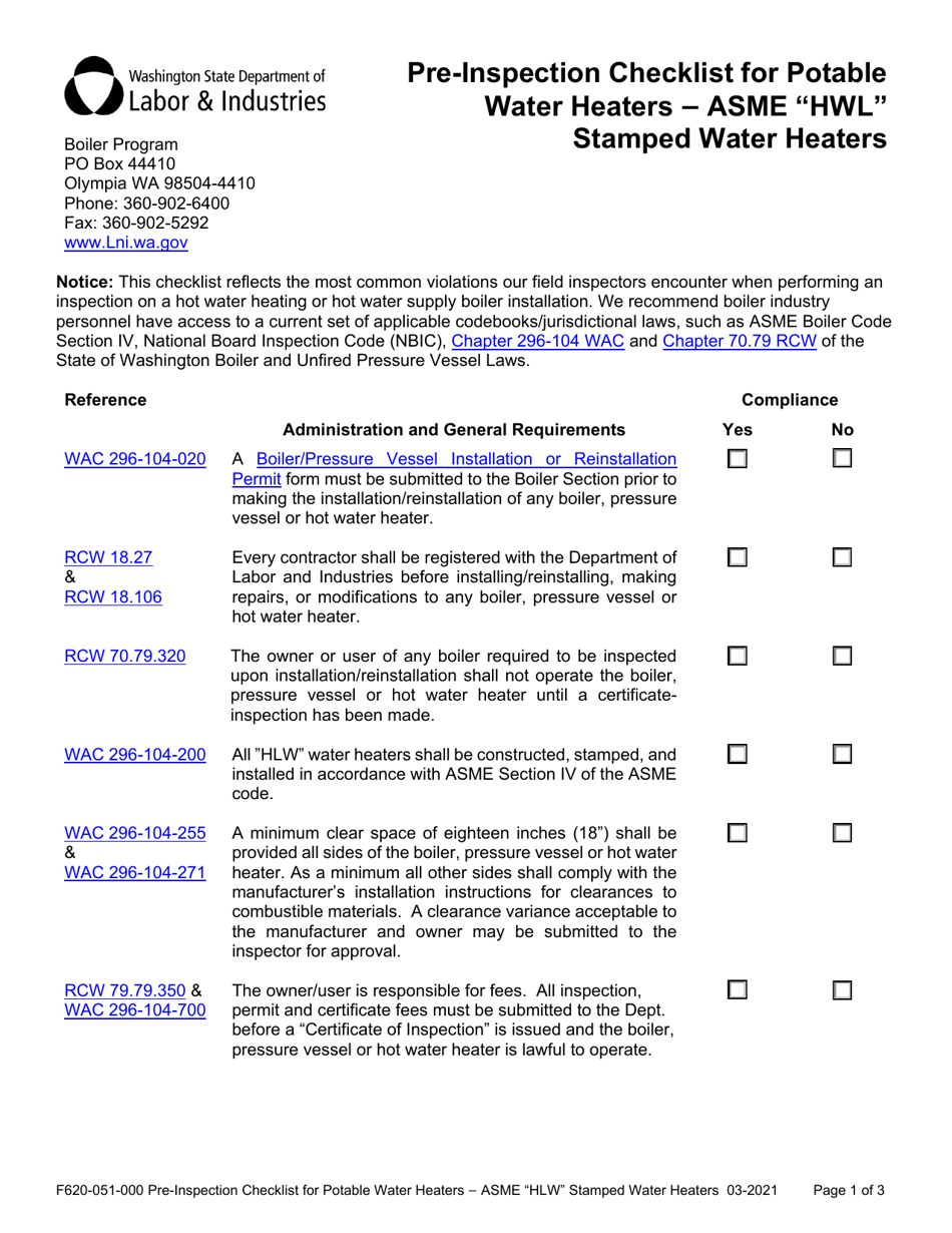 Form F620-051-000 Download Fillable PDF or Fill Online Pre-inspection ...