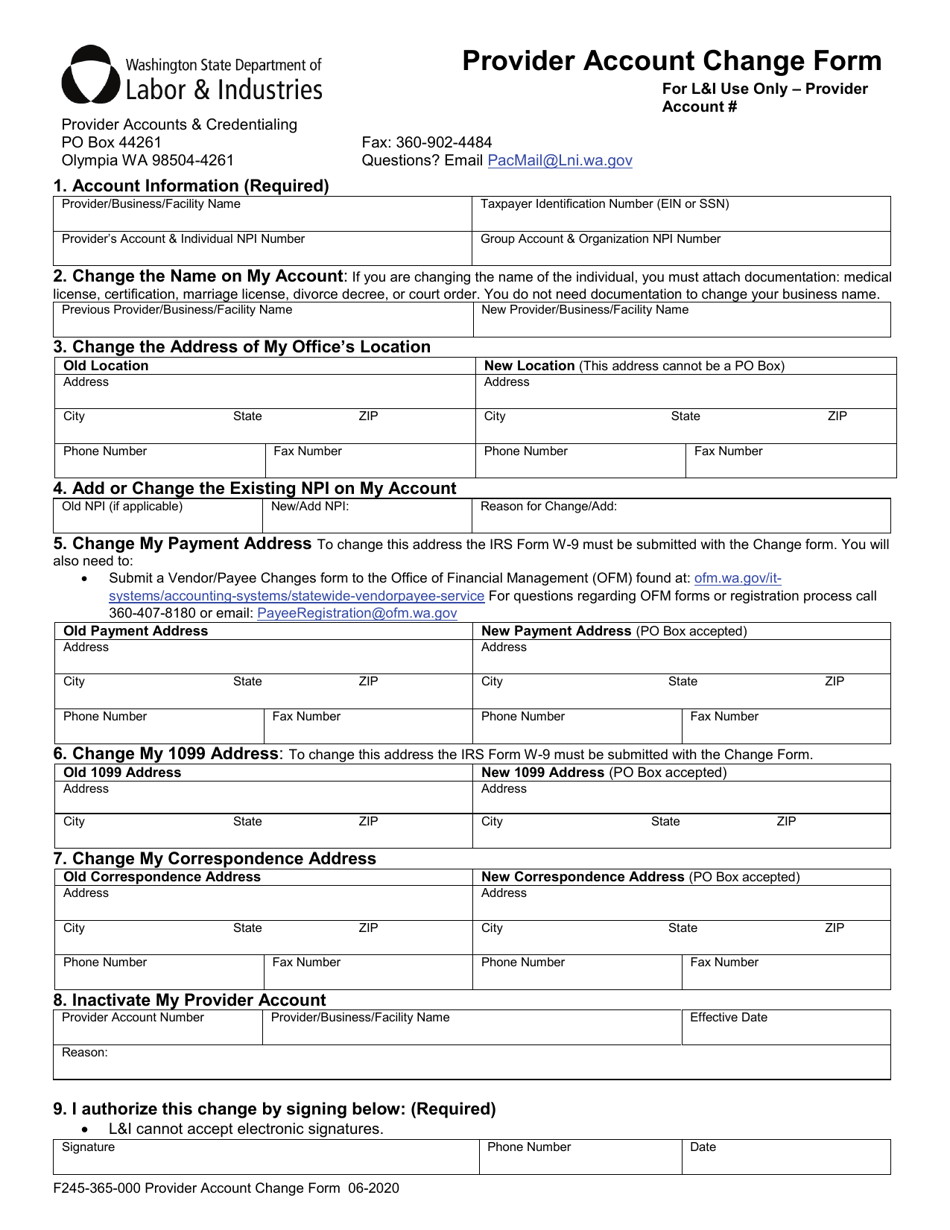 Form F245-365-000 Download Fillable PDF or Fill Online Provider Account Change Form, Washington ...