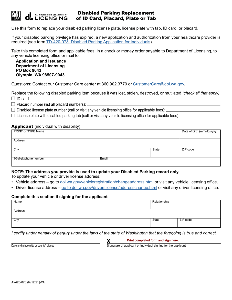 Form AI-420-076 Download Fillable PDF or Fill Online Disabled Parking ...