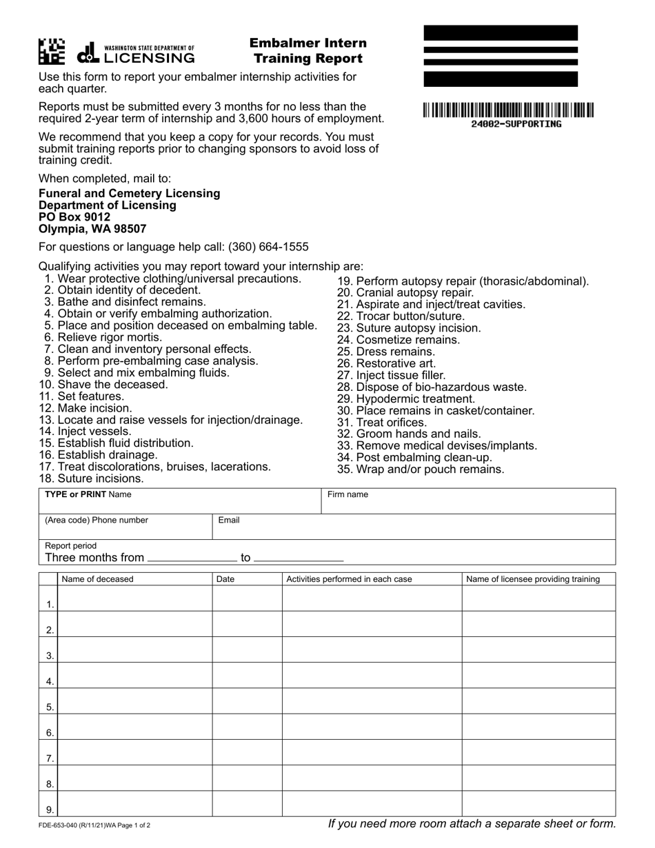 Form FDE-653-040 Download Fillable PDF or Fill Online Embalmer Intern ...
