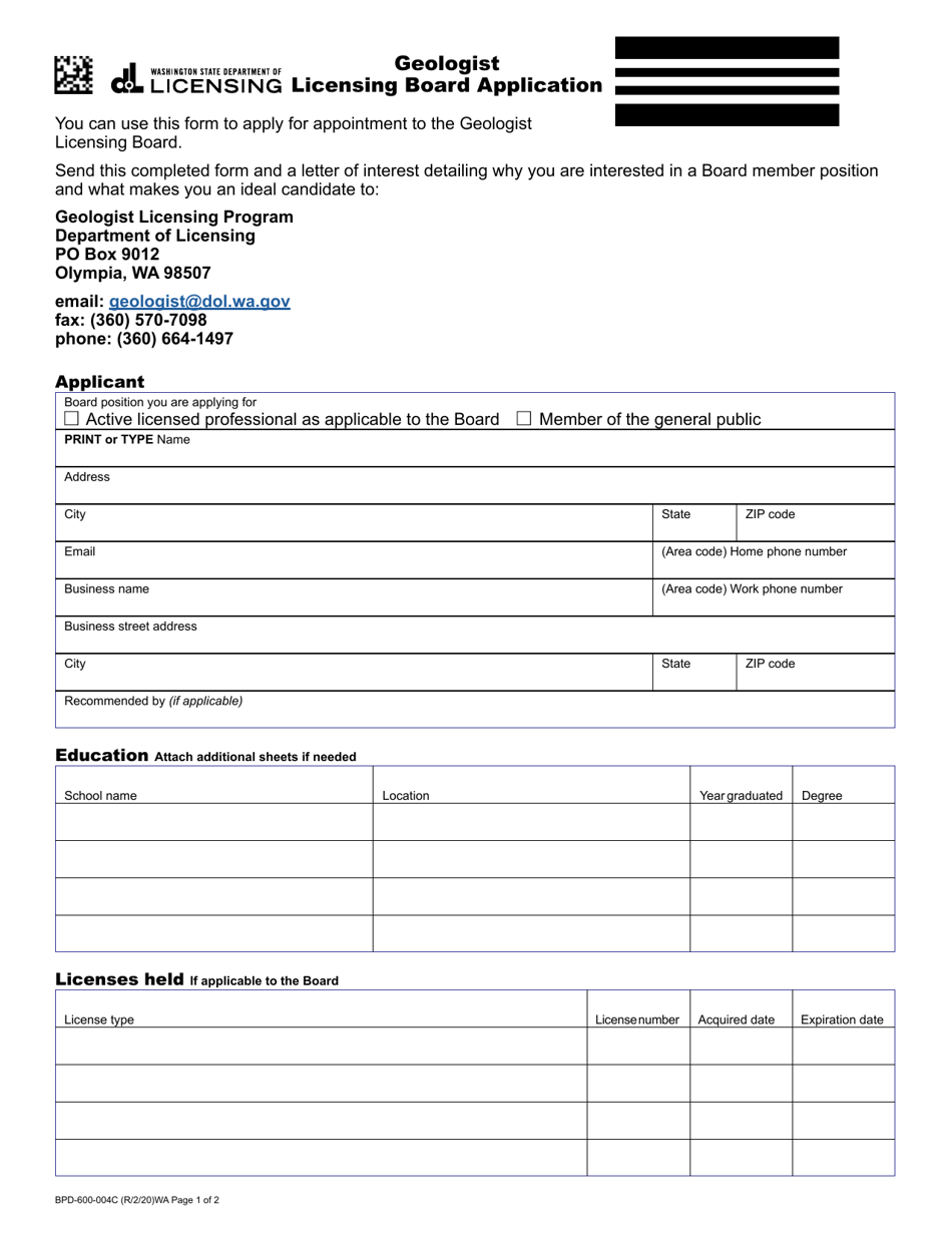 Form BPD-600-004C Download Fillable PDF or Fill Online Geologist ...