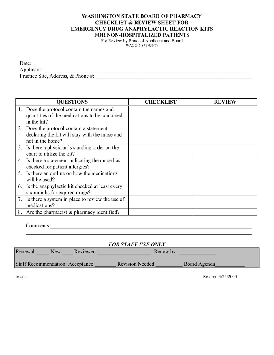 Washington Checklist & Review Sheet for Emergency Drug Anaphylactic ...