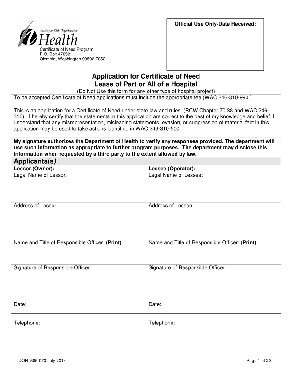 DOH Form 505-073 - Fill Out, Sign Online and Download Printable PDF, Washington | Templateroller