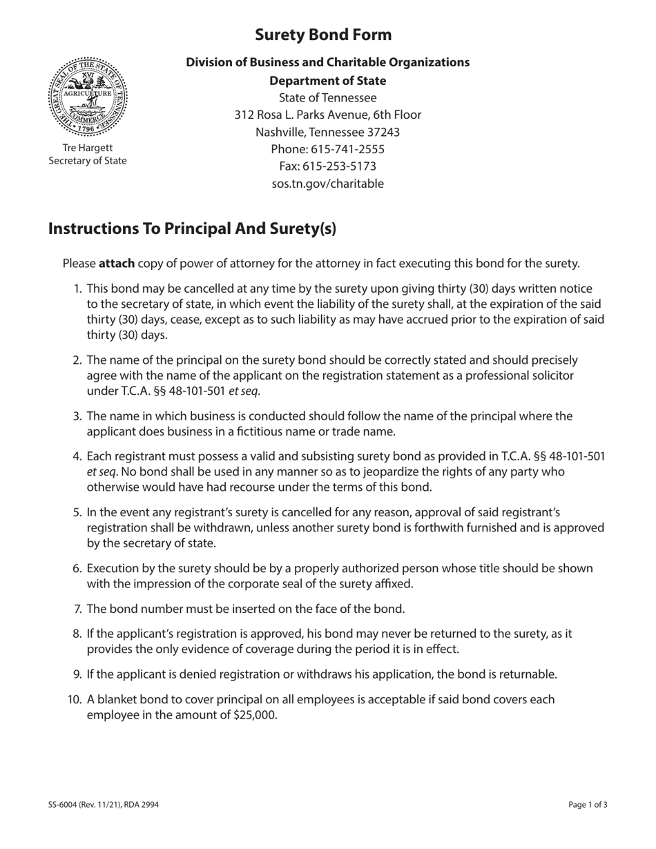 Form SS-6004 Download Printable PDF or Fill Online Surety Bond Form ...