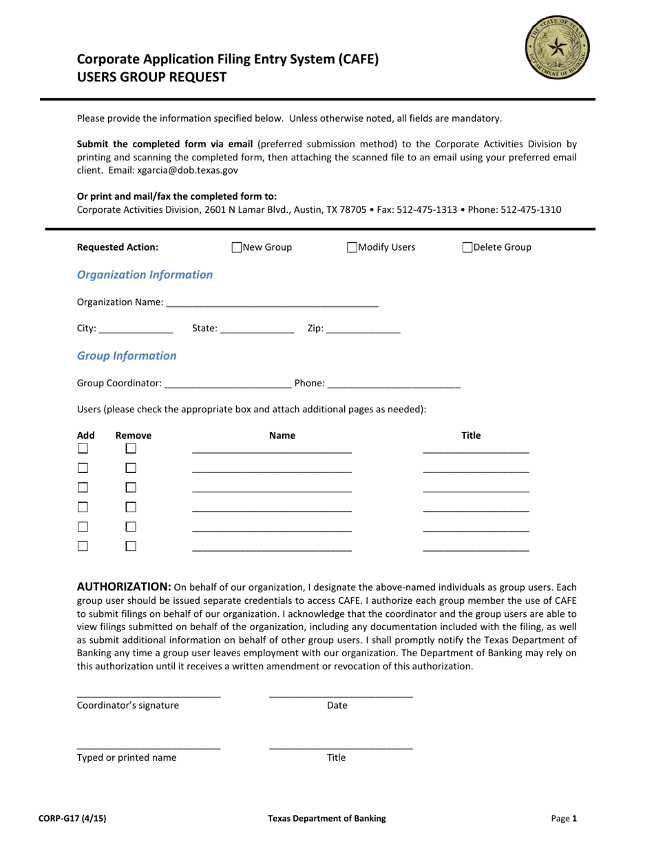 Form CORP-G17 - Fill Out, Sign Online and Download Fillable PDF, Texas ...