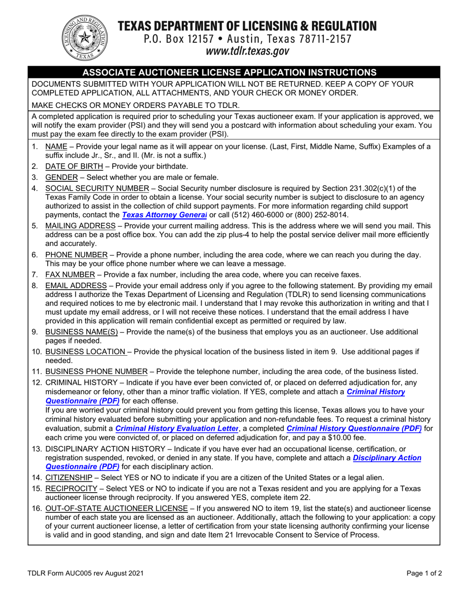 TDLR Form AUC005 - Fill Out, Sign Online and Download Fillable PDF ...
