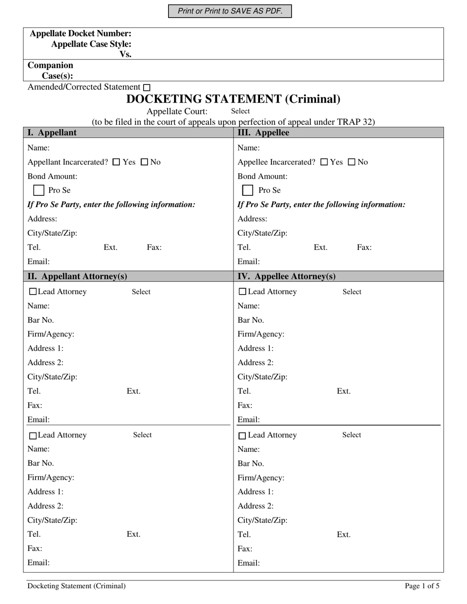 Texas Docketing Statement (Criminal) - Fill Out, Sign Online and Download PDF | Templateroller