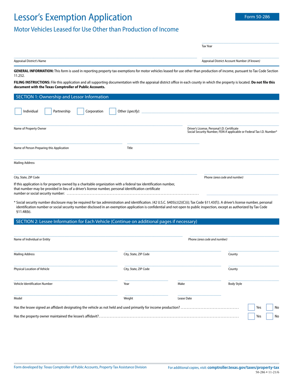 Form 50-286 Download Fillable PDF or Fill Online Lessor's Exemption ...
