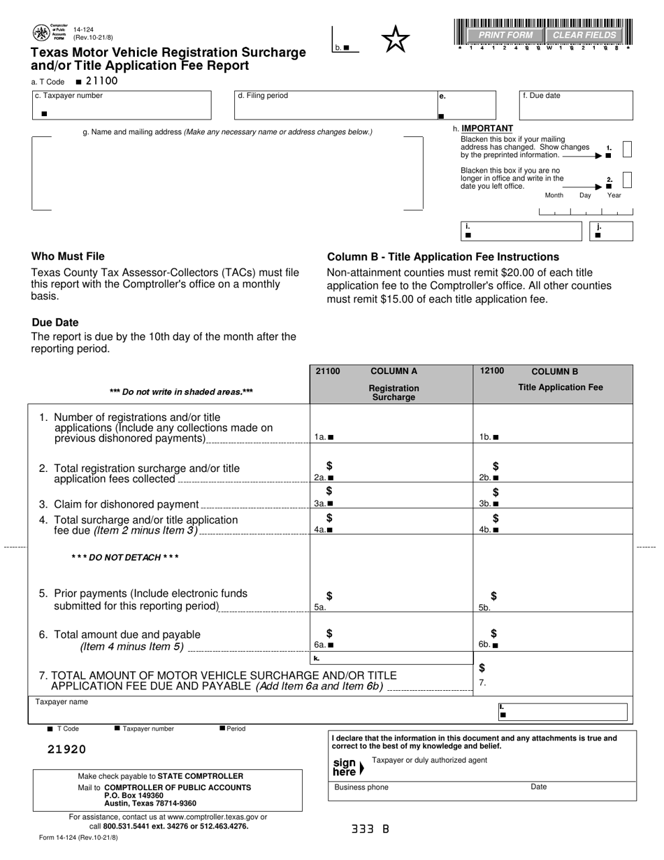 Form 14-124 Download Fillable PDF or Fill Online Texas Motor Vehicle ...