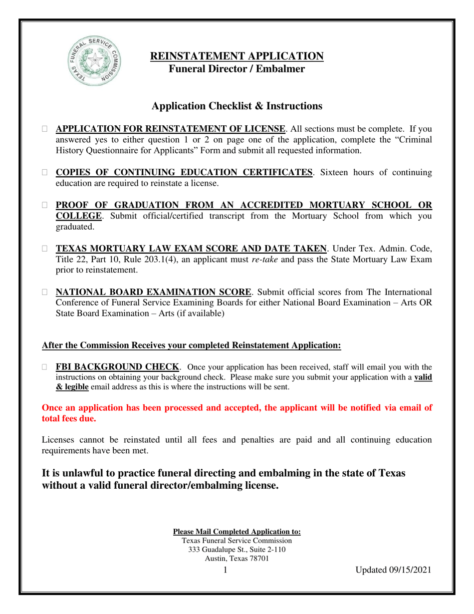 Texas Reinstatement Application Download Printable PDF | Templateroller
