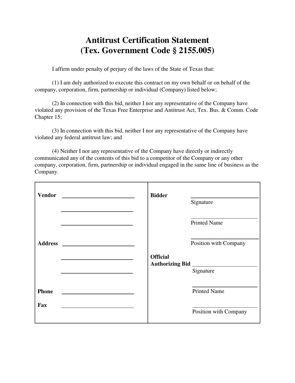 Texas Antitrust Certification Statement - Fill Out, Sign Online and ...