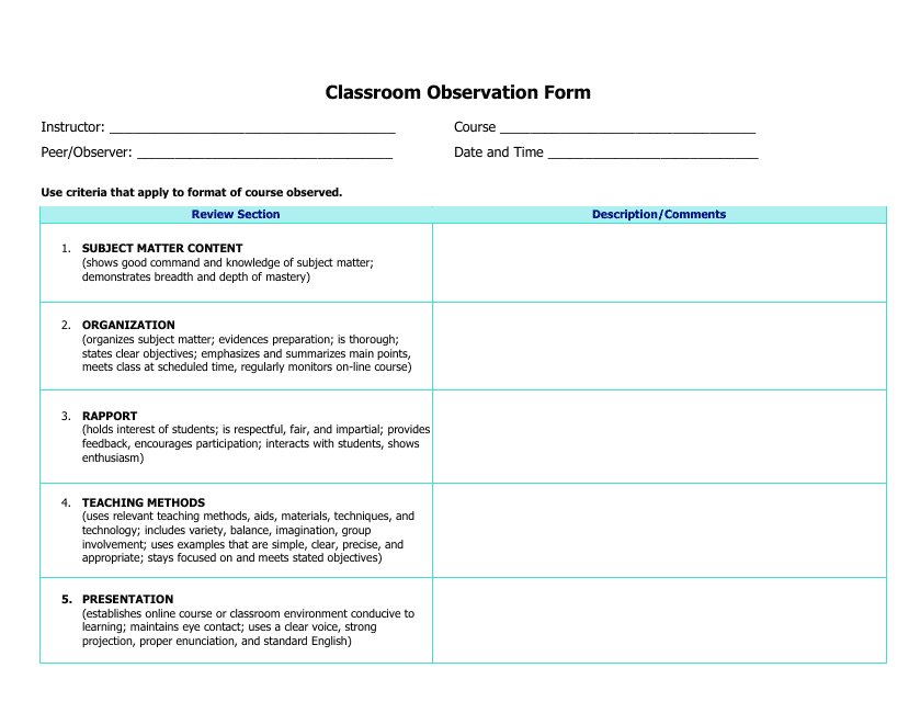 Classroom Observation Form Small Table Fill Out Sign Online And
